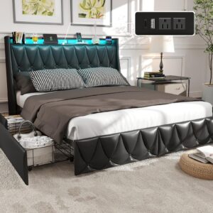 rvonow queen size bed frame with 4 storage drawers, pu leather upholstered bed frame platform with charging station & storage headboard, all metal slats support, no box spring needed/noise free/black