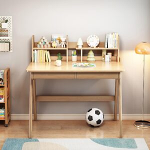 BALANBO Kids Desk Kids Table Rubber Wood Children’s Study Desk with Bookshelf and Two Drawers Desk for 3 Years Old and Above Student's Study Computer Workstation & Writing Table for Home Use(Nature