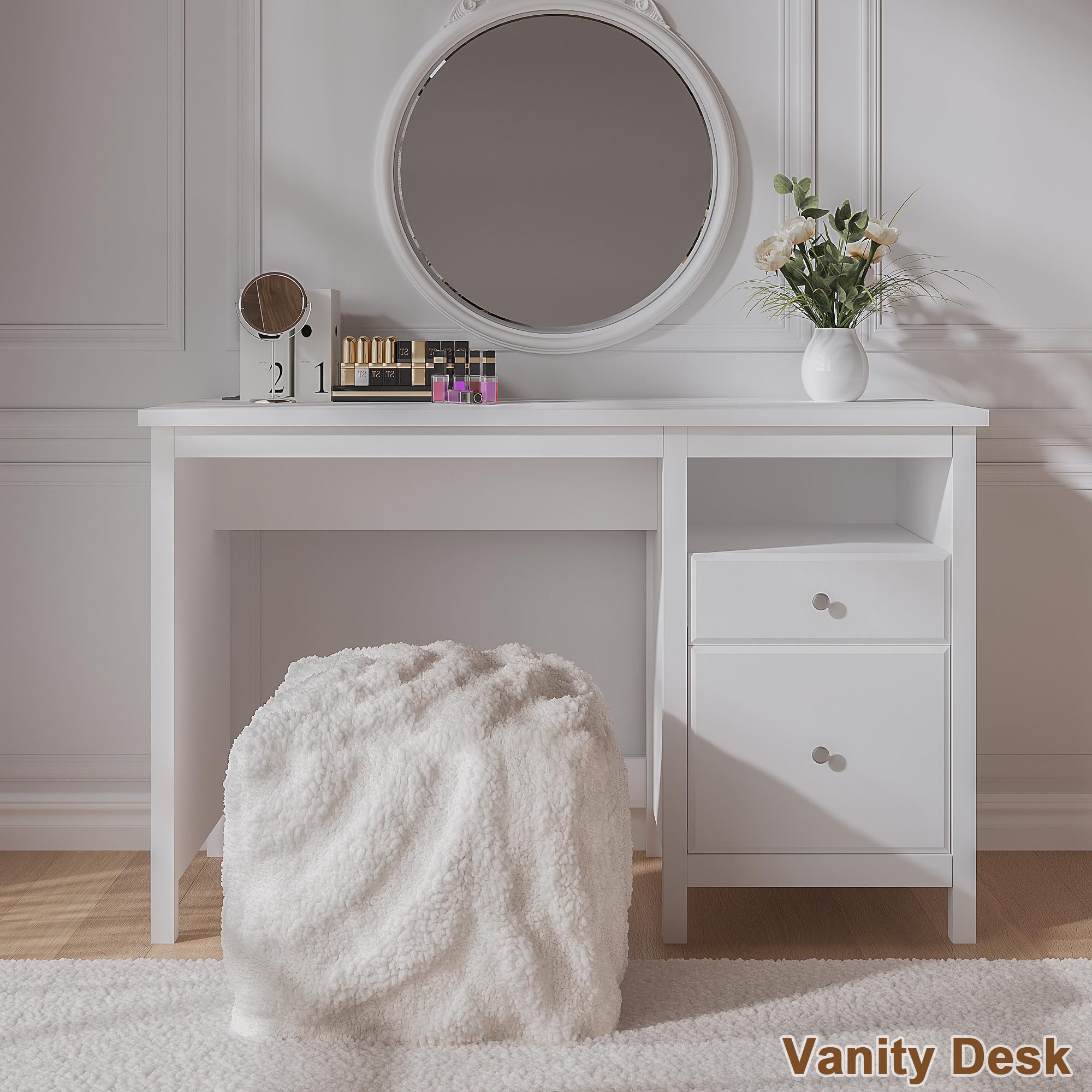 ChooChoo 47" White Desk with Drawers, Wood Home Office Computer Desk with Charging Station, 2 Storage Drawers and Open Shelf, Writing Study Table Vanity Desk