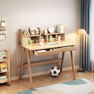 balanbo kids desk kids table rubber wood children’s study desk with bookshelf and two drawers desk for 3 years old and above student's study computer workstation & writing table for home use(nature