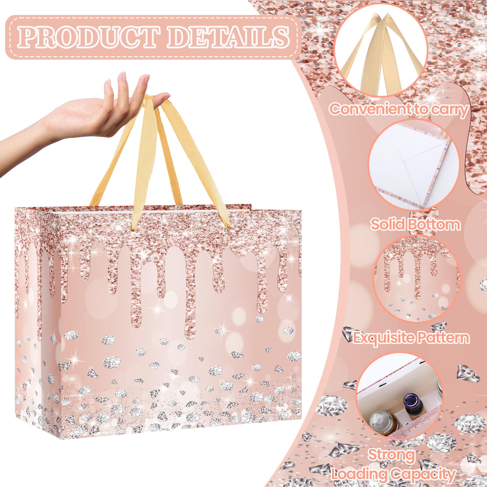 Large Rose Gold Gift Bags with Cards Tissue Paper for Women Girls Wrapping Paper Bag Present Bag with Handles for Christmas Wedding 16 21 40 50 60 Birthday Anniversaries Bridal Showers Party Supplies