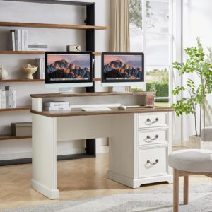 vagaconl 55in farmhouse desk with outlets, mid century modern desk with charging station file cabinet, storage cabinet, vintage computer writing desk,home office,white and brown