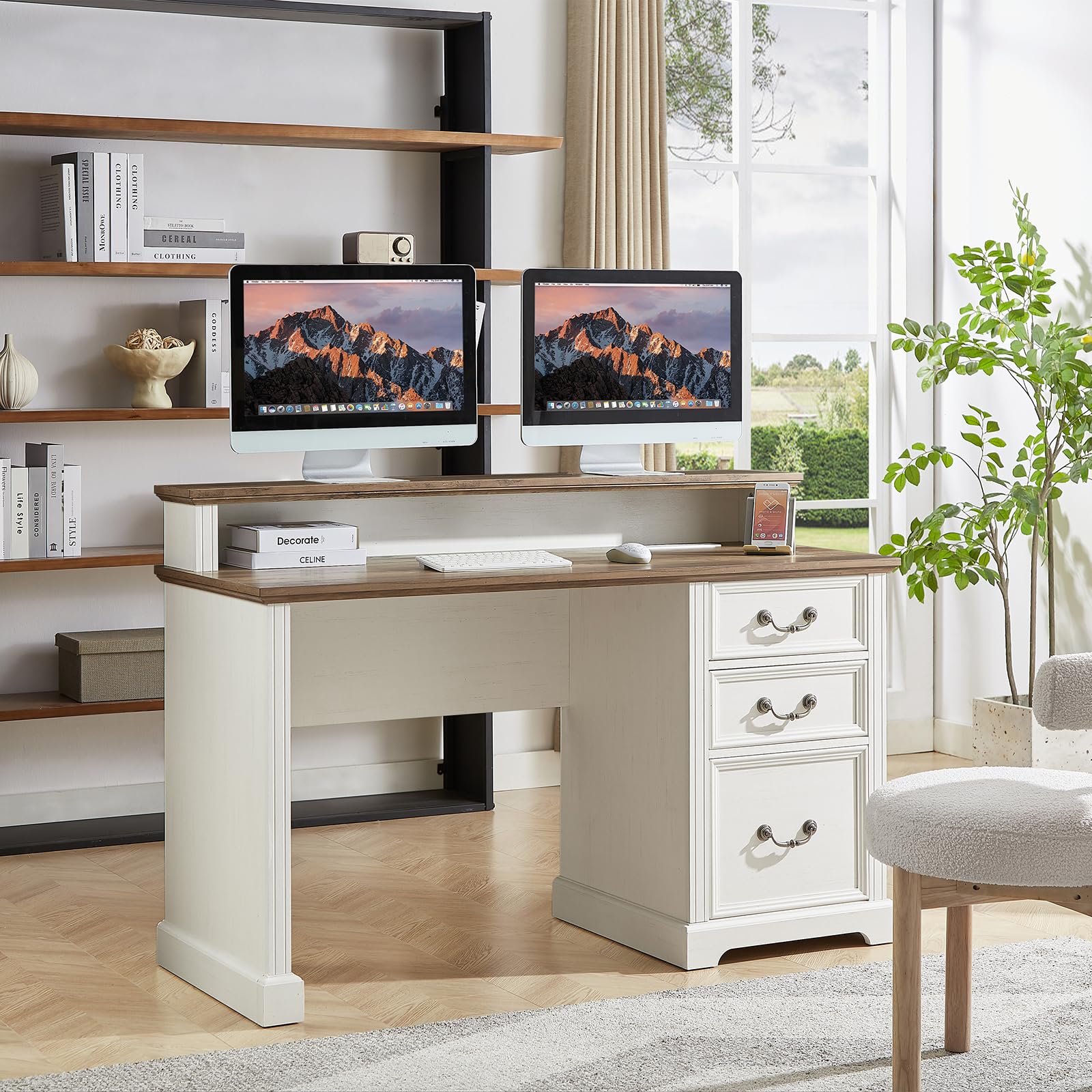 Vagaconl 55in Farmhouse Desk with Outlets, Mid Century Modern Desk with Charging Station File Cabinet, Storage Cabinet, Vintage Computer Writing Desk,Home Office,White and Brown