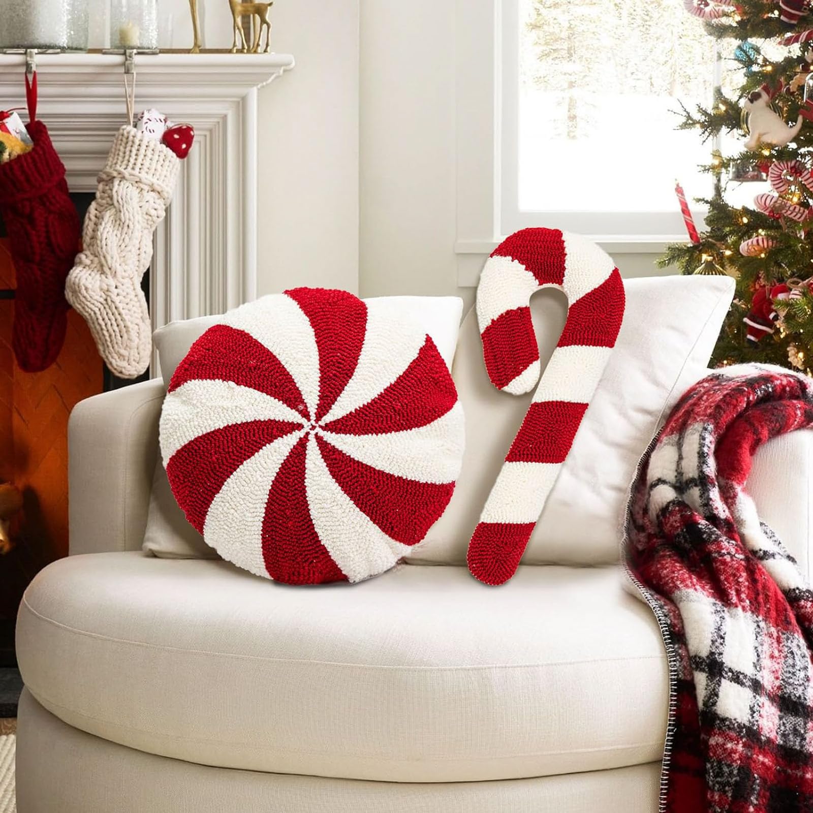 Christmas Candy Throw Pillows Red and White Christmas Decorations Candy Cane Shape Pillows Cute Fluffy Pillows Winter Living Room Bedroom and Sofa Decorations (C)