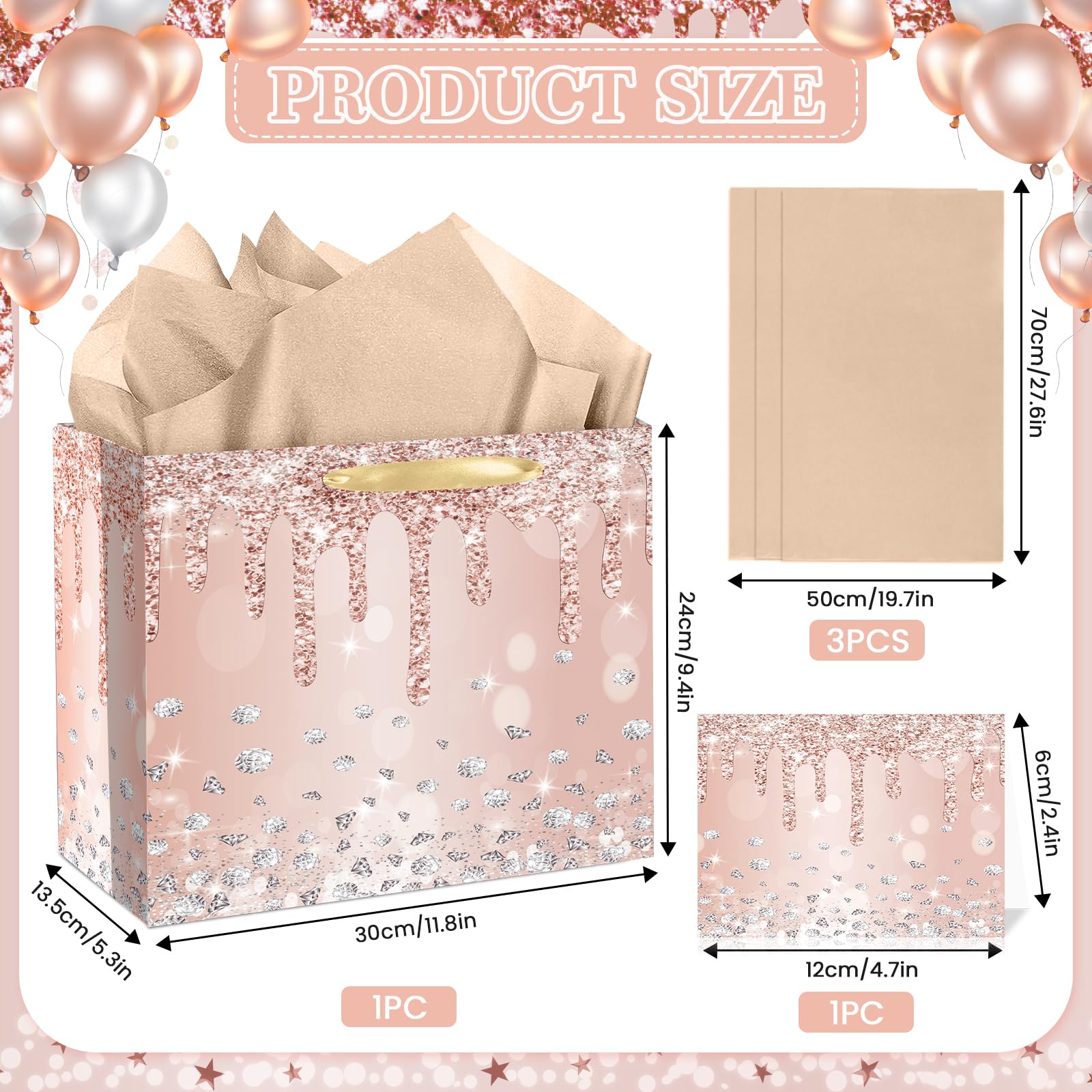 Large Rose Gold Gift Bags with Cards Tissue Paper for Women Girls Wrapping Paper Bag Present Bag with Handles for Christmas Wedding 16 21 40 50 60 Birthday Anniversaries Bridal Showers Party Supplies