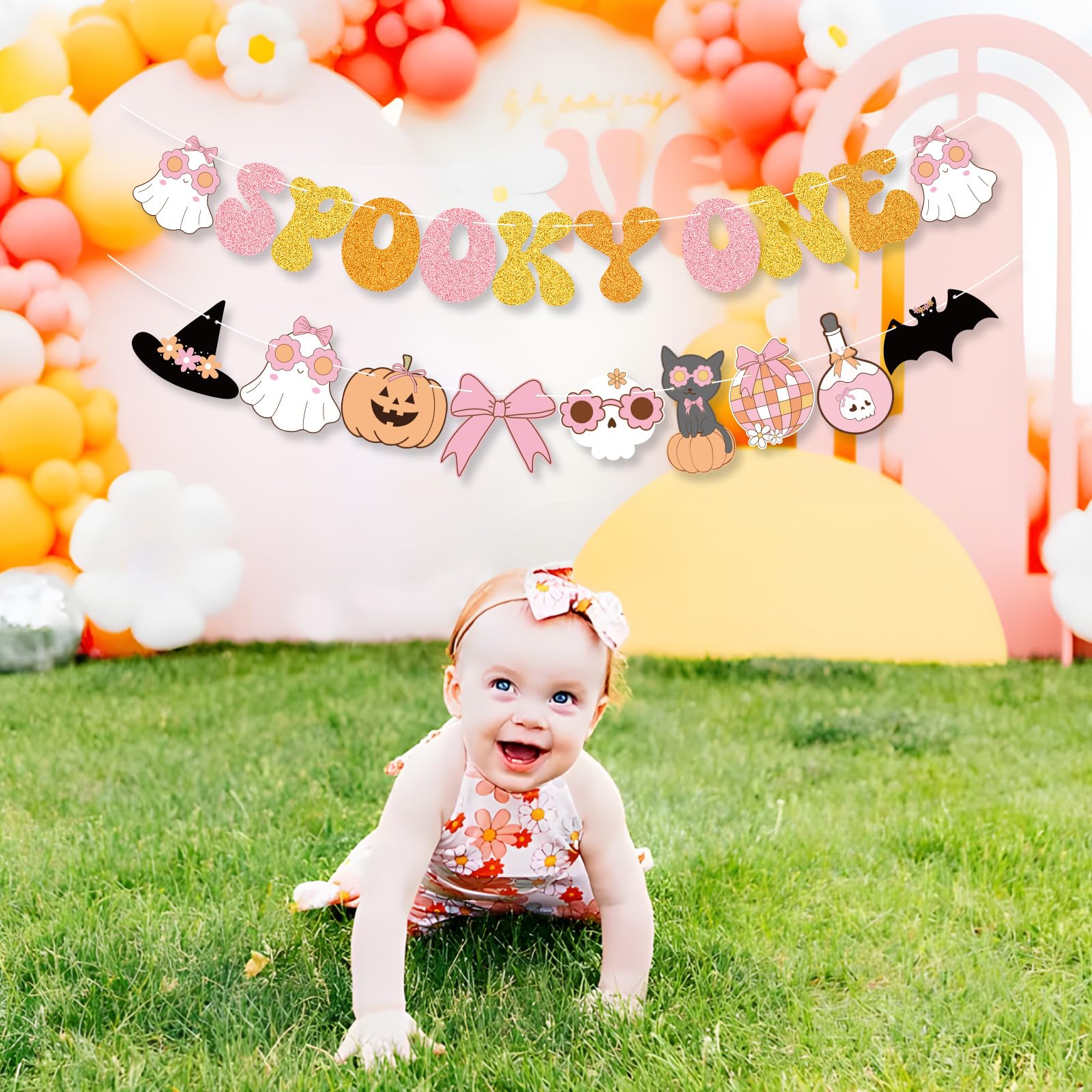 Groovy Spooky One Birthday Decorations Girl, Glitter Spooky One Banner, Pink Hippie Halloween 1st Birthday Party Decorations, Retro Groovy Coquette Halloween First Birthday Party Supplies