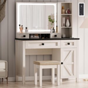 anwbroad makeup vanity desk with mirror and lights farmhouse vanity desk with charging station 3 color dimming lights storage cabinet cushioned stool vanity table set for bedroom antique white ubdt61w