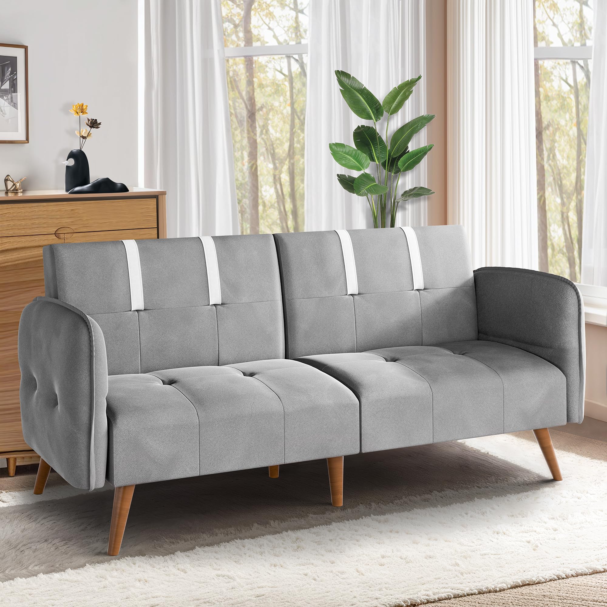 Meilocar Futon Sofa Bed Velvet, 70" Loveseat Futon Couch Sofa Bed with Adjustable Armrests, Reliner Guest Bed Daybed for Bedroom, Living Room, Light Grey