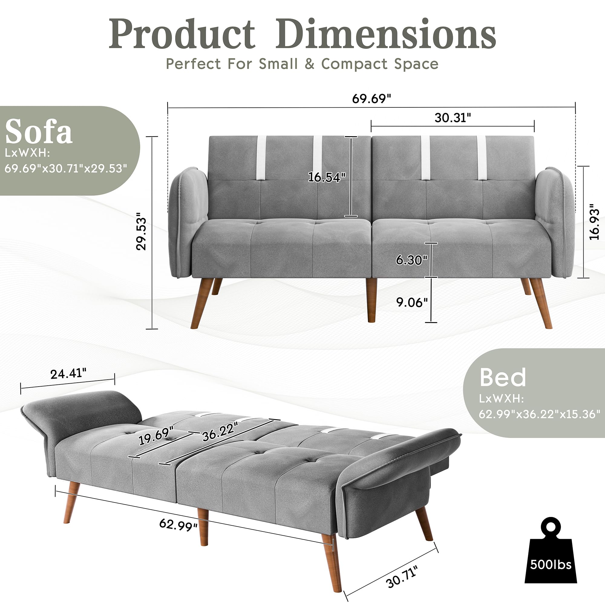 Meilocar Futon Sofa Bed Velvet, 70" Loveseat Futon Couch Sofa Bed with Adjustable Armrests, Reliner Guest Bed Daybed for Bedroom, Living Room, Light Grey