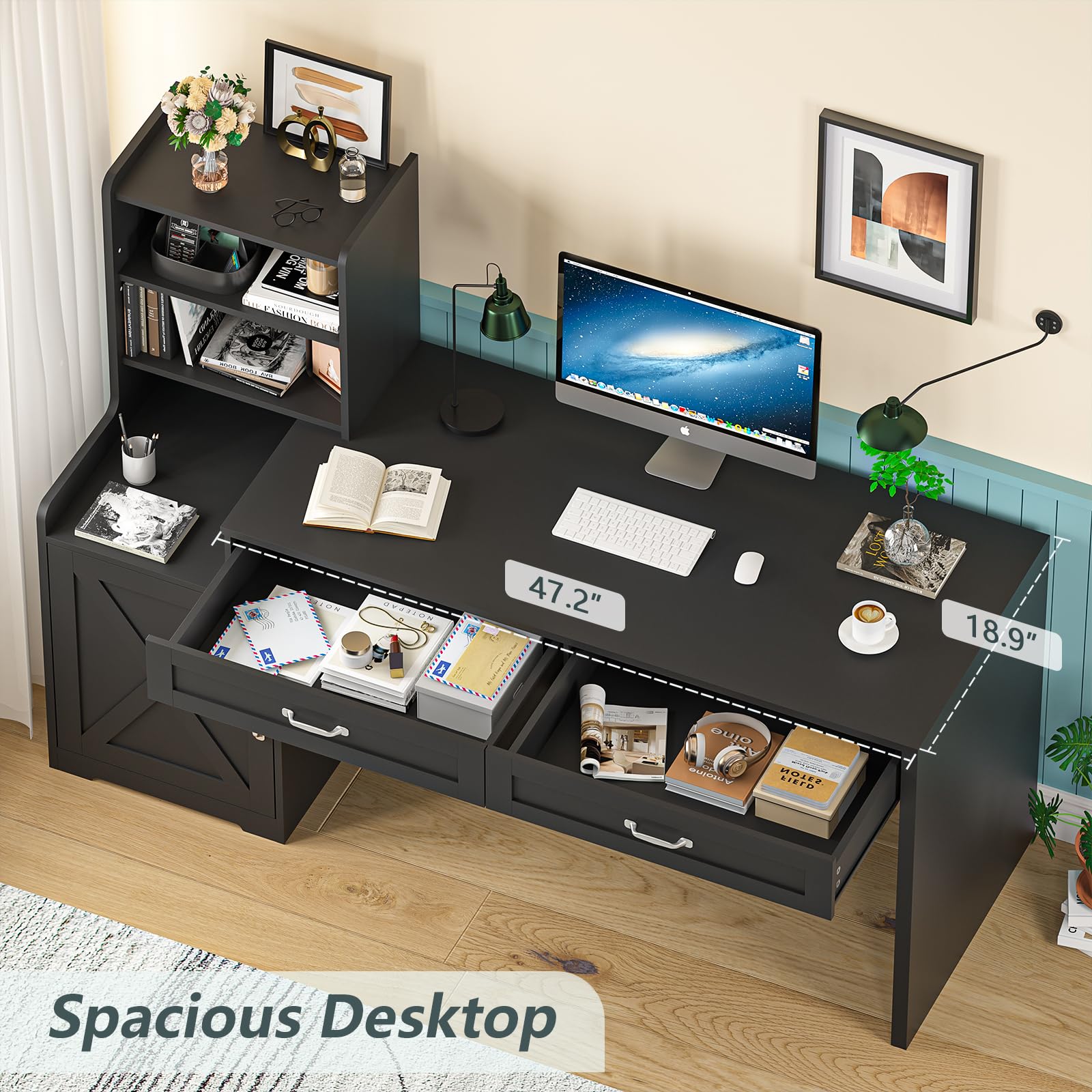 YOMILUVE 60" Computer Desk with 2 Drawer & Bookshelves, Home Office Desk with Storage Cabinet & Spacious Desktop, Writing Gaming Study Table with Bookcase, Black