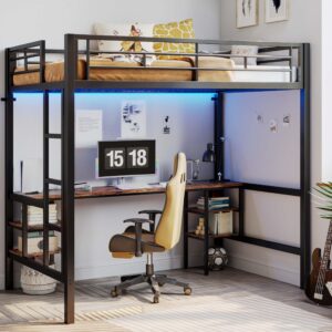 anctor loft bed twin size with desk and 4 storage shelves, metal loft bed frame with power outlet and led lighted, safety guard & ladder, space-saving, noise free, black