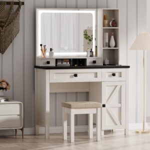 ANWBROAD Makeup Vanity Desk with Mirror and Lights Farmhouse Vanity Desk with Charging Station 3 Color Dimming Lights Storage Cabinet Cushioned Stool Vanity Table Set for Bedroom Antique White UBDT61W