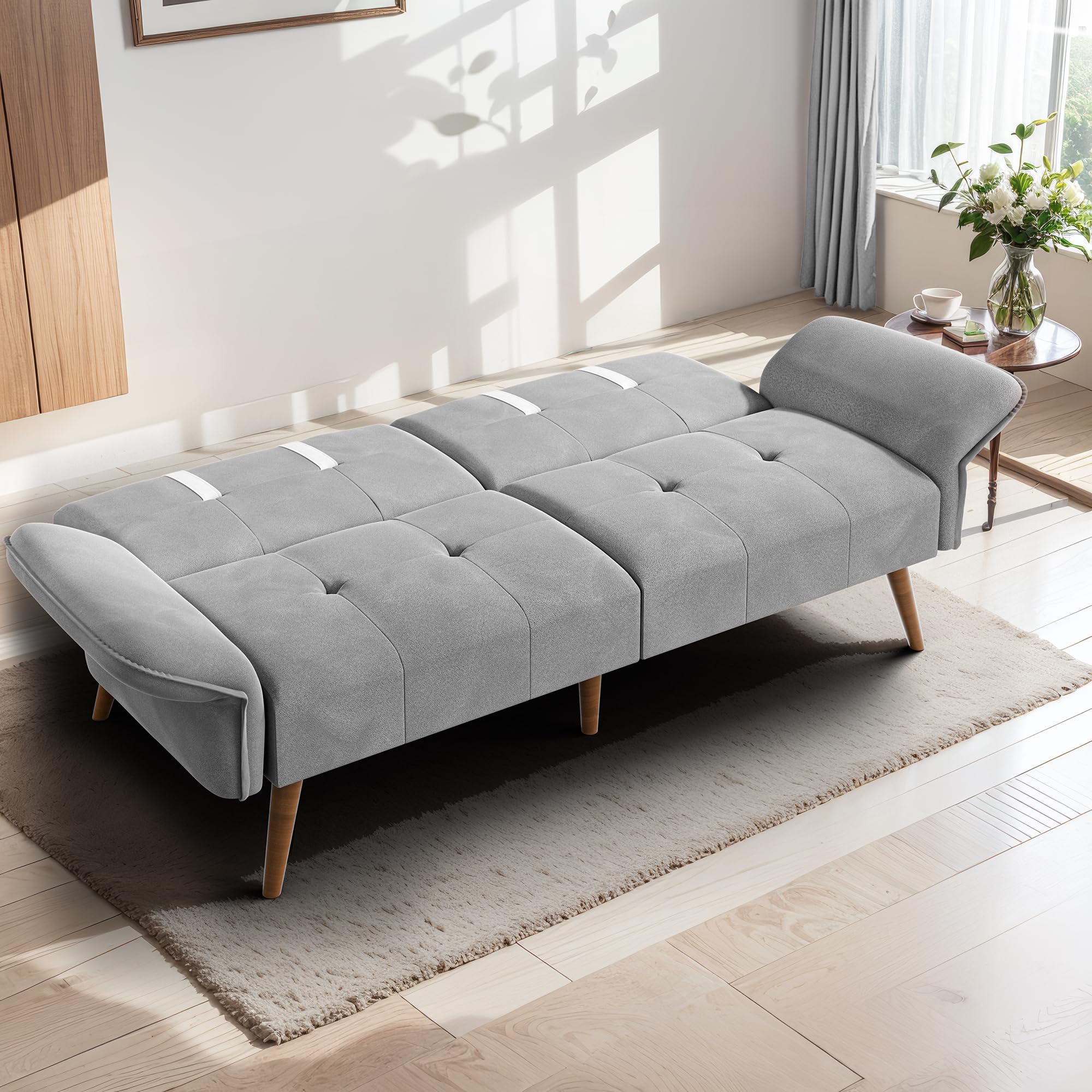 Meilocar Futon Sofa Bed Velvet, 70" Loveseat Futon Couch Sofa Bed with Adjustable Armrests, Reliner Guest Bed Daybed for Bedroom, Living Room, Light Grey