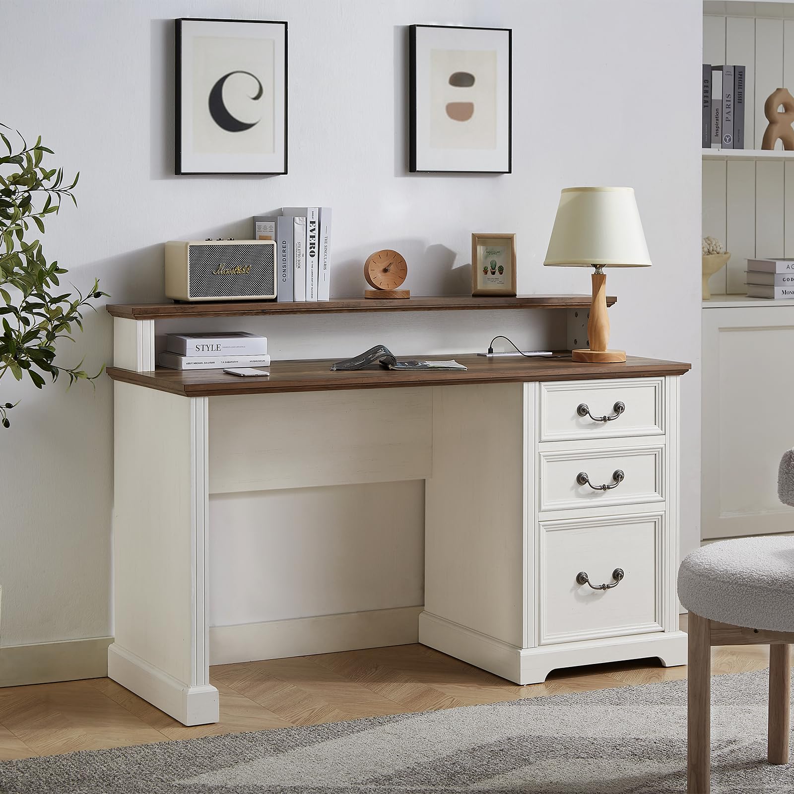 Vagaconl 55in Farmhouse Desk with Outlets, Mid Century Modern Desk with Charging Station File Cabinet, Storage Cabinet, Vintage Computer Writing Desk,Home Office,White and Brown