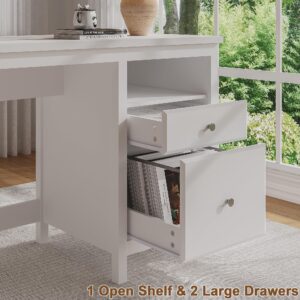 ChooChoo 47" White Desk with Drawers, Wood Home Office Computer Desk with Charging Station, 2 Storage Drawers and Open Shelf, Writing Study Table Vanity Desk