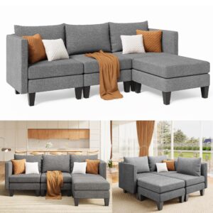 gizoon modular sectional sofa, convertible l shaped sofa couch with removable armrests, 4 seat sofa bed, sectionals with ottomans for living room, apartment, dark grey