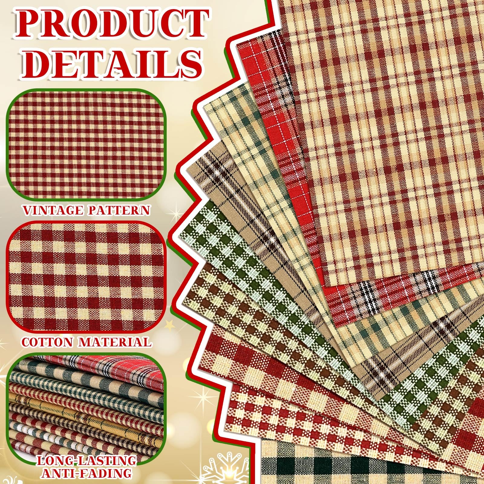 Hahafelt 10 Pcs Vintage Christmas Quilting Fabric 18 x 22 Inch Plaid Homespun Cotton Fabric Jelly Fabric Squares Lattice Rustic Precut Santa Claus Fabric Strips for Xmas Craft Sewing DIY