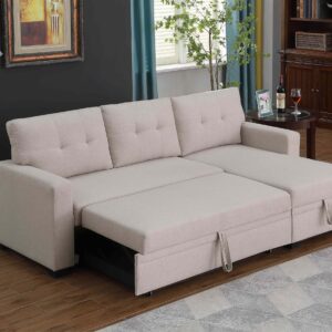 Wakefit Sectional Sofa Couch, 4-in-1 Sleeper Sofa Bed with Reversible Storage Chaise Pull Out Couch for Living Room | Hidden Stroge | Pull Out Bed | Removable Backrest | Linen Fabric, Beige