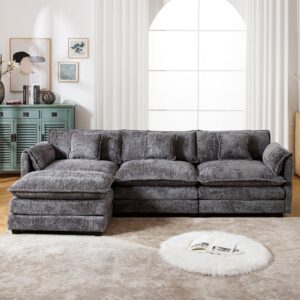 112.2" l shaped sectional sofa, modern modular cloud couch with movable ottoman, 3 seat couches for living room, apartment, grey chenille