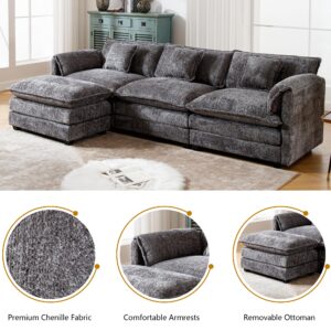 112.2" L Shaped Sectional Sofa, Modern Modular Cloud Couch with Movable Ottoman, 3 Seat Couches for Living Room, Apartment, Grey Chenille