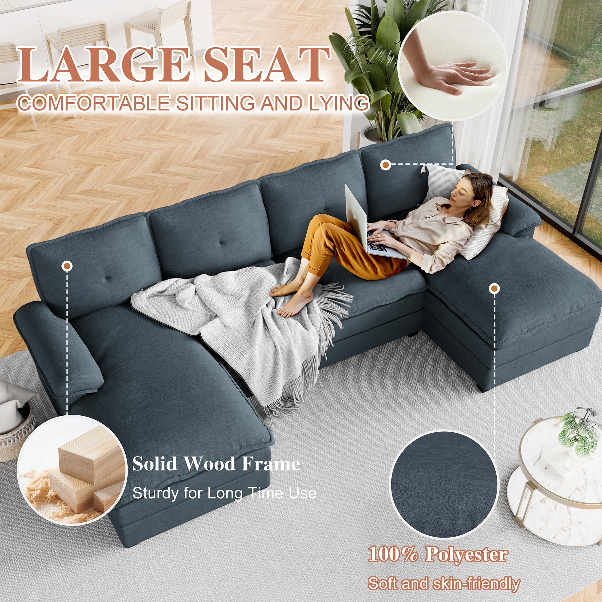 Meilocar Sectional Couches for Living Room, U Shaped Couch 110in Sectional Sofa, 4 Seat Large Sofa with Wide Chaise Lounge and Double Seating Cushions, Cloud Couch for Living Room (Grey)