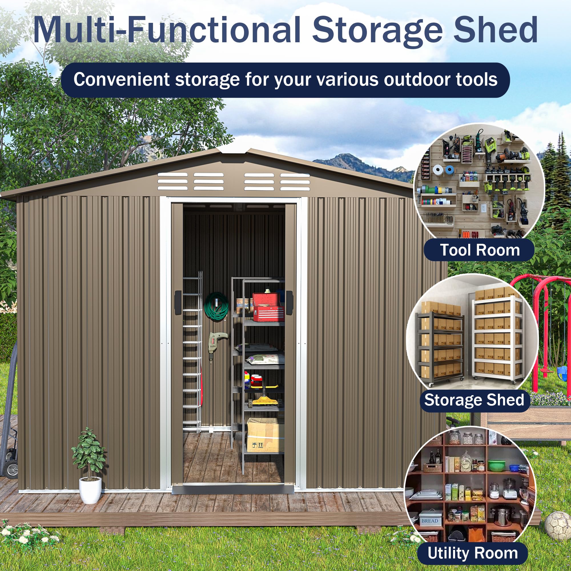 Rwnnad 8'X6' Outdoor Metal Storage Shed Waterproof, Shed Storage House with Double Doorknobs and Air Vents Waterproof Sheds Cabinet for Patio and Outside