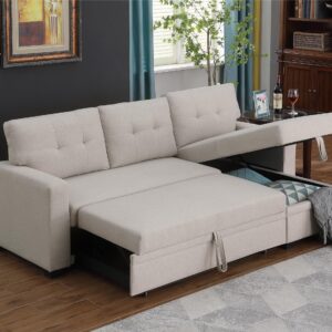 Wakefit Sectional Sofa Couch, 4-in-1 Sleeper Sofa Bed with Reversible Storage Chaise Pull Out Couch for Living Room | Hidden Stroge | Pull Out Bed | Removable Backrest | Linen Fabric, Beige