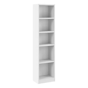 bush furniture universal 17w narrow 5 shelf bookcase in white, tall skinny bookshelf for home office storage or living room organization