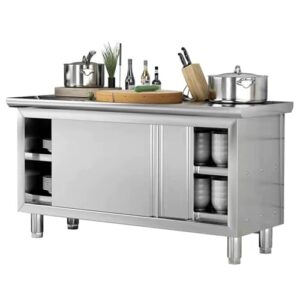 commercial kitchen storage work table thickened stainless steel material preparation table large space storage cabinet chopping table metal table sturdy and stable(100x50x80cm)