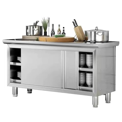 Commercial Kitchen Storage Work Table Thickened Stainless Steel Material Preparation Table Large Space Storage Cabinet Chopping Table Metal Table Sturdy and Stable(100x50x80cm)