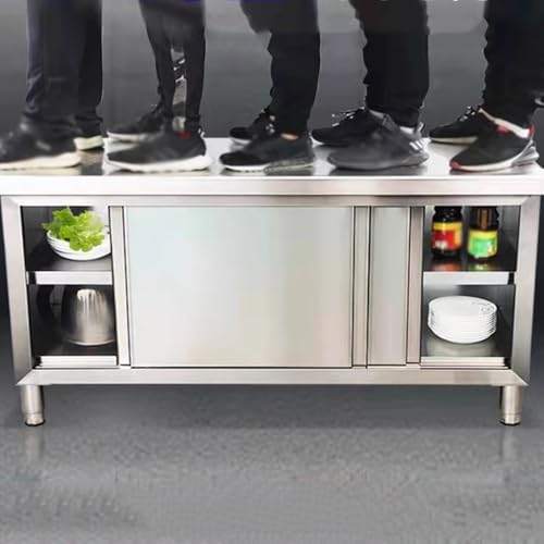 Commercial Kitchen Storage Work Table Thickened Stainless Steel Material Preparation Table Large Space Storage Cabinet Chopping Table Metal Table Sturdy and Stable(100x50x80cm)