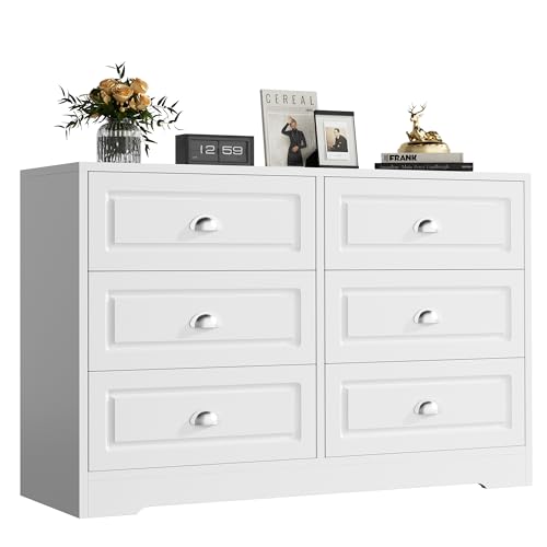 Shintenchi Dresser for Bedroom with 6 Drawers, White Double Dresser & Chest of Drawers Wooden Organizer with Metal Handle, Storage TV Stand for Living Room