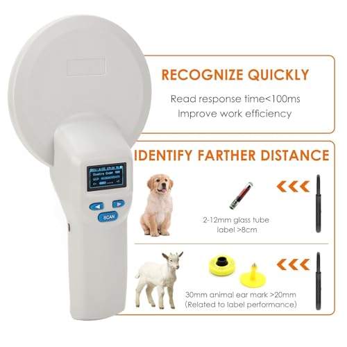 Pet Microchip Scanner, Animal Microchip Reader Animal Tag Scanner with Large OLED Display, Chip ID Scanner Long Reading Distance Animal Microchip Scanner for Pets Pigs Dogs Cats