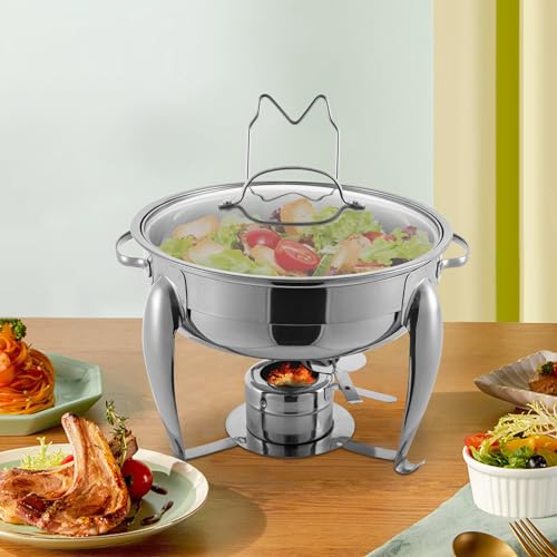 4L Stainless Steel Round Dining Stove, Large Capacity Buffet Server and Warmer Portable Food Warmer with Handle and Lid Rack Drip Tray for Wedding Banquet Picnic Party, Silver