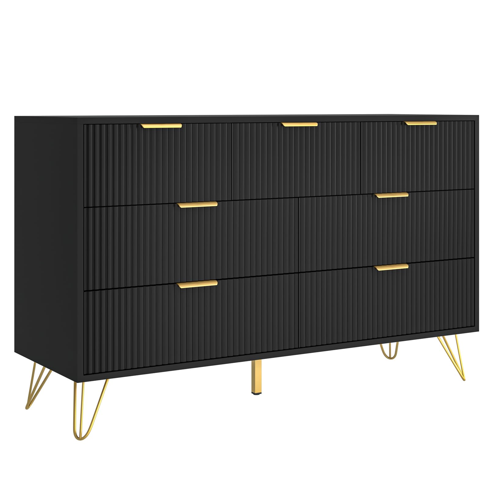 LYNSOM Black Dresser with 7 Drawer, Fluted Wood Dresser with Gold Handle, Modern Closet Dressers Chest of Drawers for Living Room, Hallway and Office