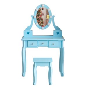 vasitelan kids' vanity set with mirror and light, makeup table and stool for girls, vanity table and chair set with wood makeup playset for girls (blue)