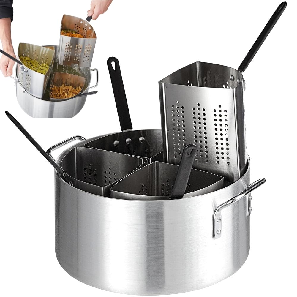 5-Piece Vegetable and Pasta Cooker Set with 20 Qt. Aluminum Pot and 5 Qt. Stainless Steel Inserts Strainer Baskets, pasta pot with strainer baskets to cook multiple servings at once