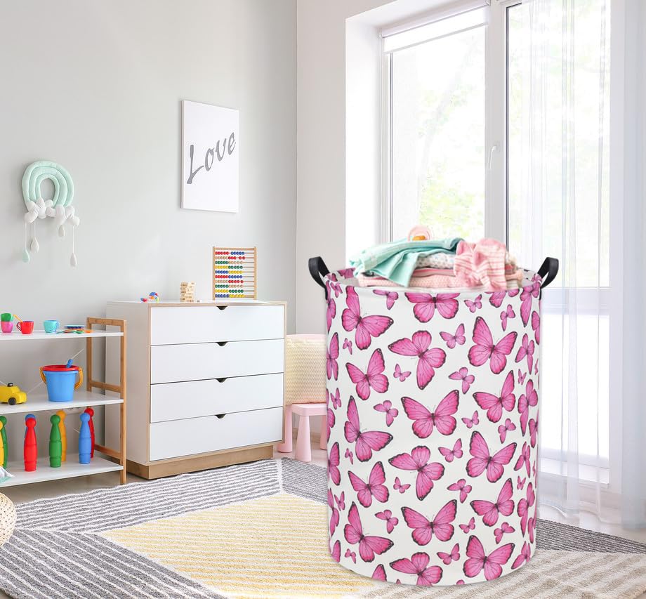 HIYAGON Butterfly Baby Laundry Basket Baby Hamper for Nursery Girl Kids Pink Hamper Cute Kids Toys Storage Bin Organizer Animal Room Decor for Home(Butterfly)