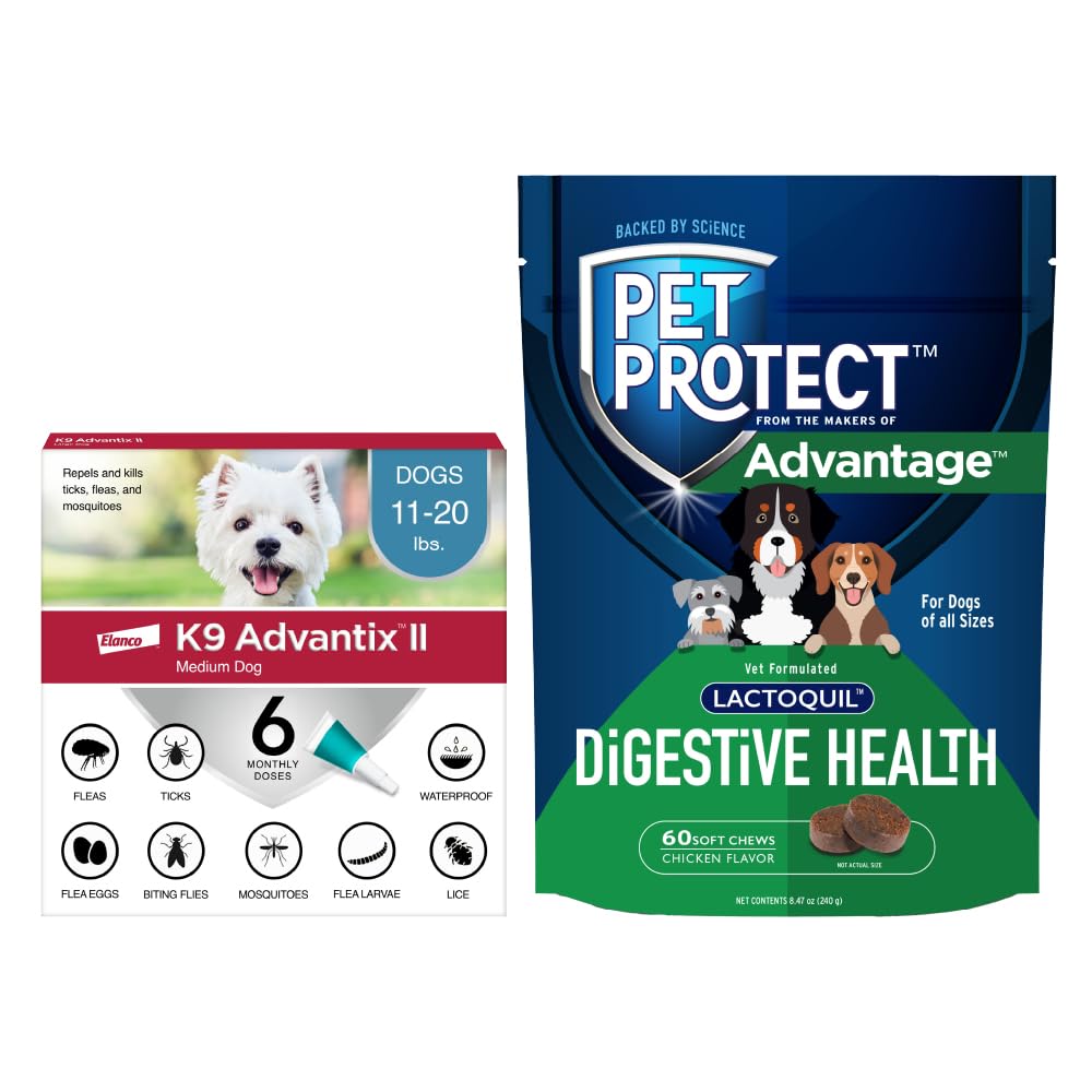 Bundle of K9 Advantix II Medium Dog| Dogs 11-20 lbs. | 6-Mo Supply + Pet Protect Dog Digestive Health Supplement | 60 Chews