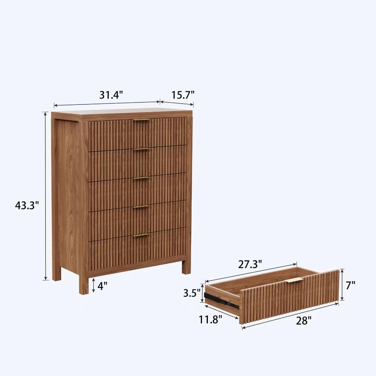 MJADUE Fluted 5 Drawers Dresser, 43" Tall Modern Chest of Drawers Wood Drawer Organizer Dresser for Bedroom Chest of Drawers for Bedroom, Living Room, Hallway, Entryway, Walnut Oak