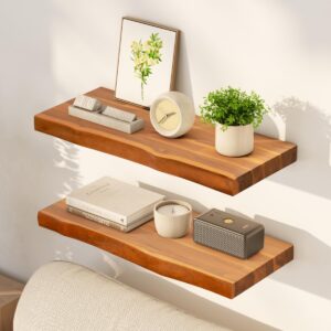 live edge floating shelves set of 2 - solid wood floating shelves for wall - rustic farmhouse wooden wall storage shelf for home décor, butcher block shelves, honey color (set of 2-24x8)