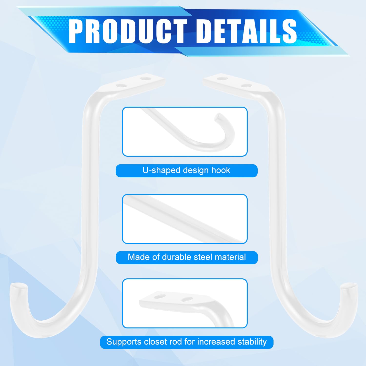 4pcs Closet Rod Hangers, U-Shaped Closet Rod Center Support Wall Mount Closet Rod Heavy Duty Metal Bracket Wall Mount Rod Holders Clothes Storage Supply for Closet Shelf Rod (White)