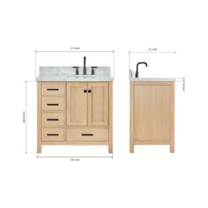 ARIEL Cambridge 37 Inch Oak Bathroom Vanity with Sink, Italian Carrara Marble Countertop 1.5 inch Edge and backsplash, Soft Closing Door and Drawer, Matte Black