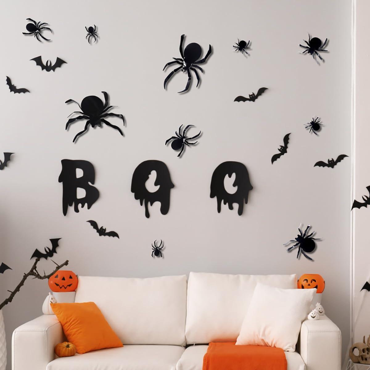 Halloween Ghost Wall Decor 25Pcs Cute Ghost Wall Stickers 3D Black Bat Wall Decoration Cute Halloween Decorations Reusable White Ghost Wall Decals for Home Office Indoor Outdoor Kitchen Party Supplies