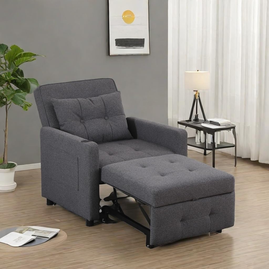 ChicFurnit Sleeper Chair, 3-in-1 Convertible Chair Bed with USB Ports, Pull Out Couch with Side Pocket, Adjustable Single Armchair Sofa Bed for Living Room, Apartments & Studios, Linen Grey