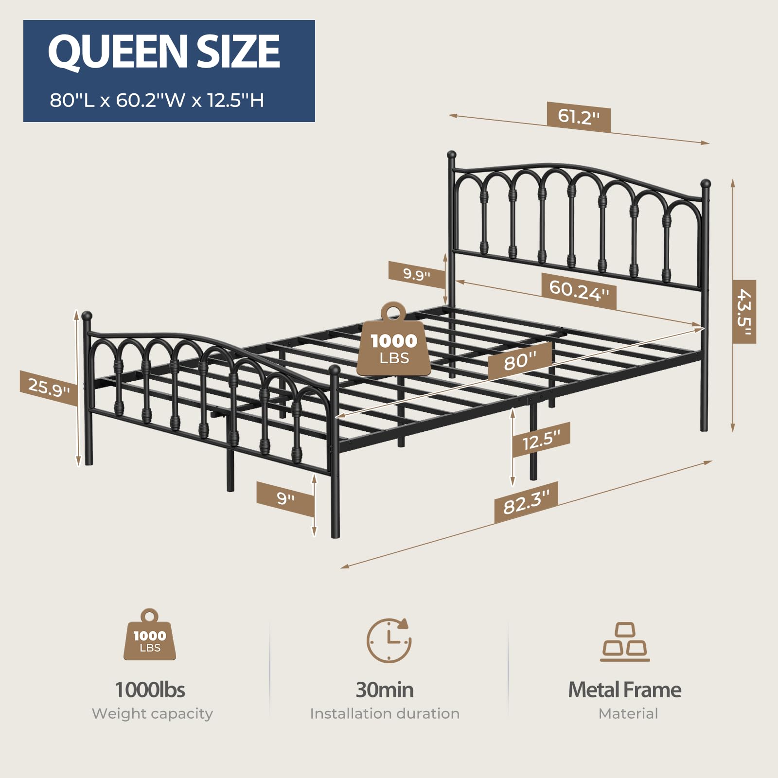 Tatub Queen Metal Bed Frame with Headboard and Footboard, Victorian Black Bed Frame, Under Bed Storage, No Box Spring Needed Mattress Foundation, Noise Free