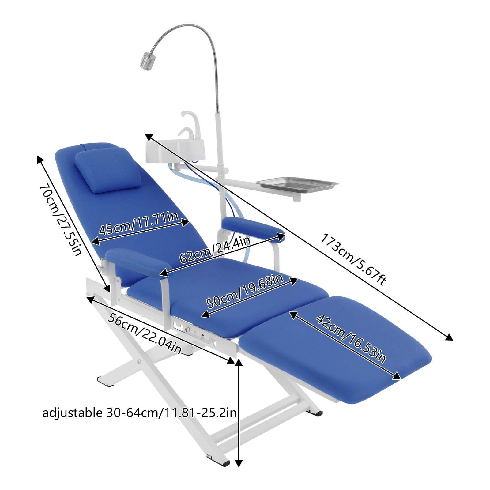 KUMOYOU Portable Foldable Den tal Patient Chair, Freestanding Patient Chairs with Operating LED Lamp & Tray & Waste Basin, Den tal Bed for Hospitals Clinics (Blue)