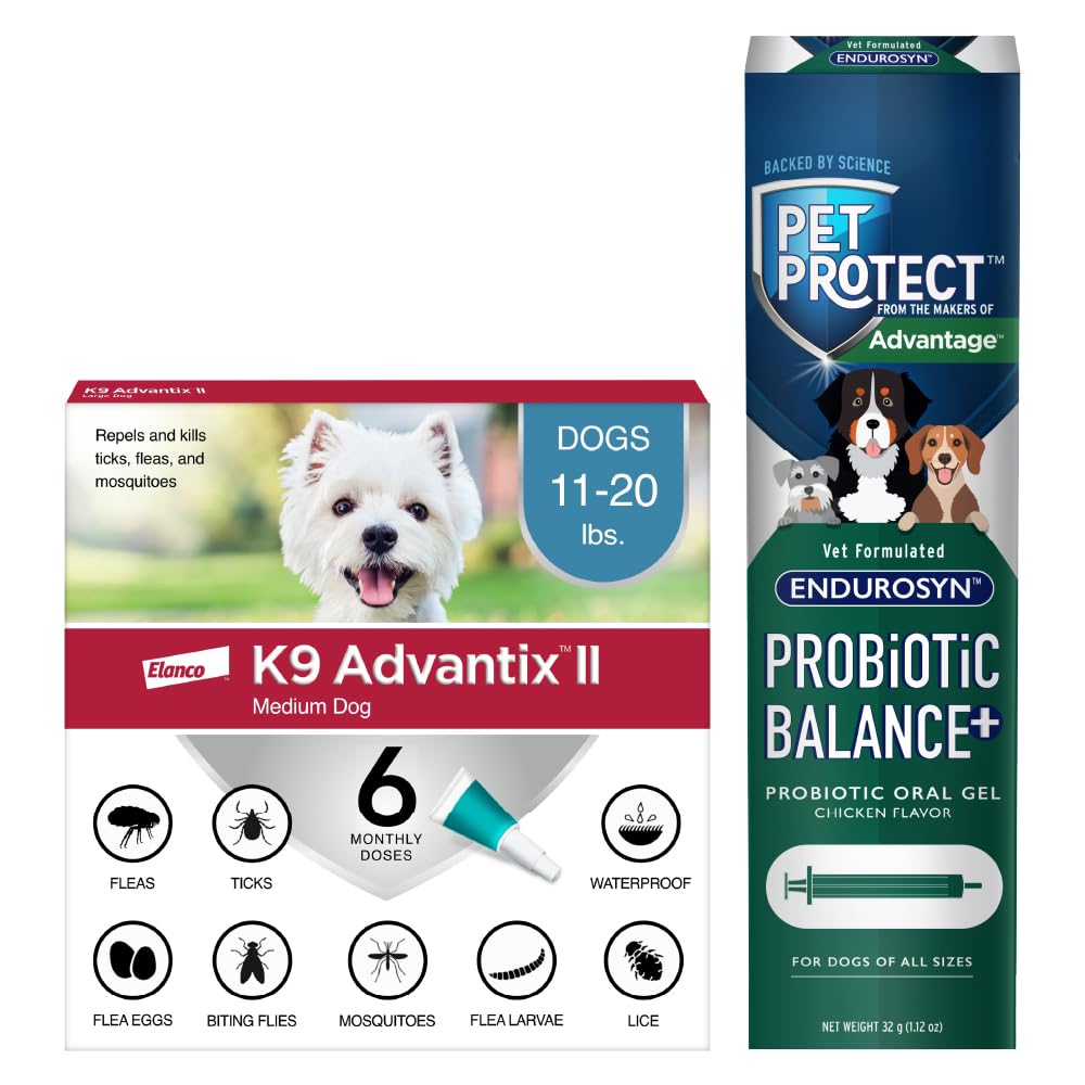 Bundle of K9 Advantix II Medium Dog 11-20 lbs. 6-Mo Supply + Pet Protect Probiotic Balance+ Dog Supplement | Oral Gel | 32g