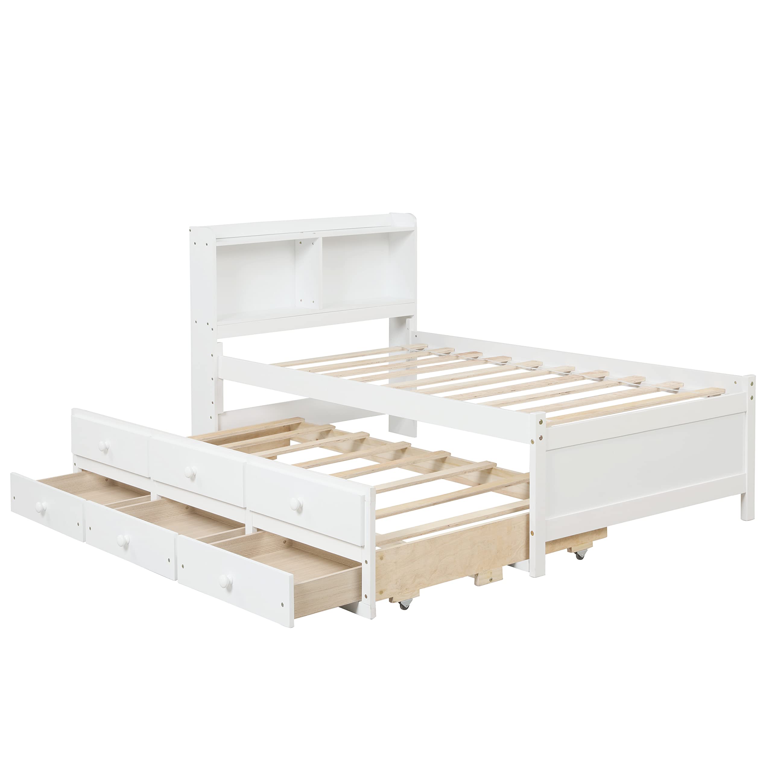 Twin Size Trundle Bed with Storage Drawers and Bookcase Headboard, Kids Twin Bed with Trundle,Captains Bed Twin with Trundle,Twin Trundle Bed with Storage for Teens,Adults(Twin,White)