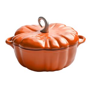 pumpkin shaped ceramic casserole dish with lid, oven-safe enameled cast iron dutch oven, halloween-themed cookware for stews, soups, and casseroles (3.9 quart)